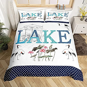 Castle Fairy Lake Life Bedding Set Queen Size,Lotus Flowers Red-Crowned Crane Birds Duvet Cover Set for Children Adult,Chinese Style Painting Soft Comforter Cover for Dorm Room, Zipper, Ties