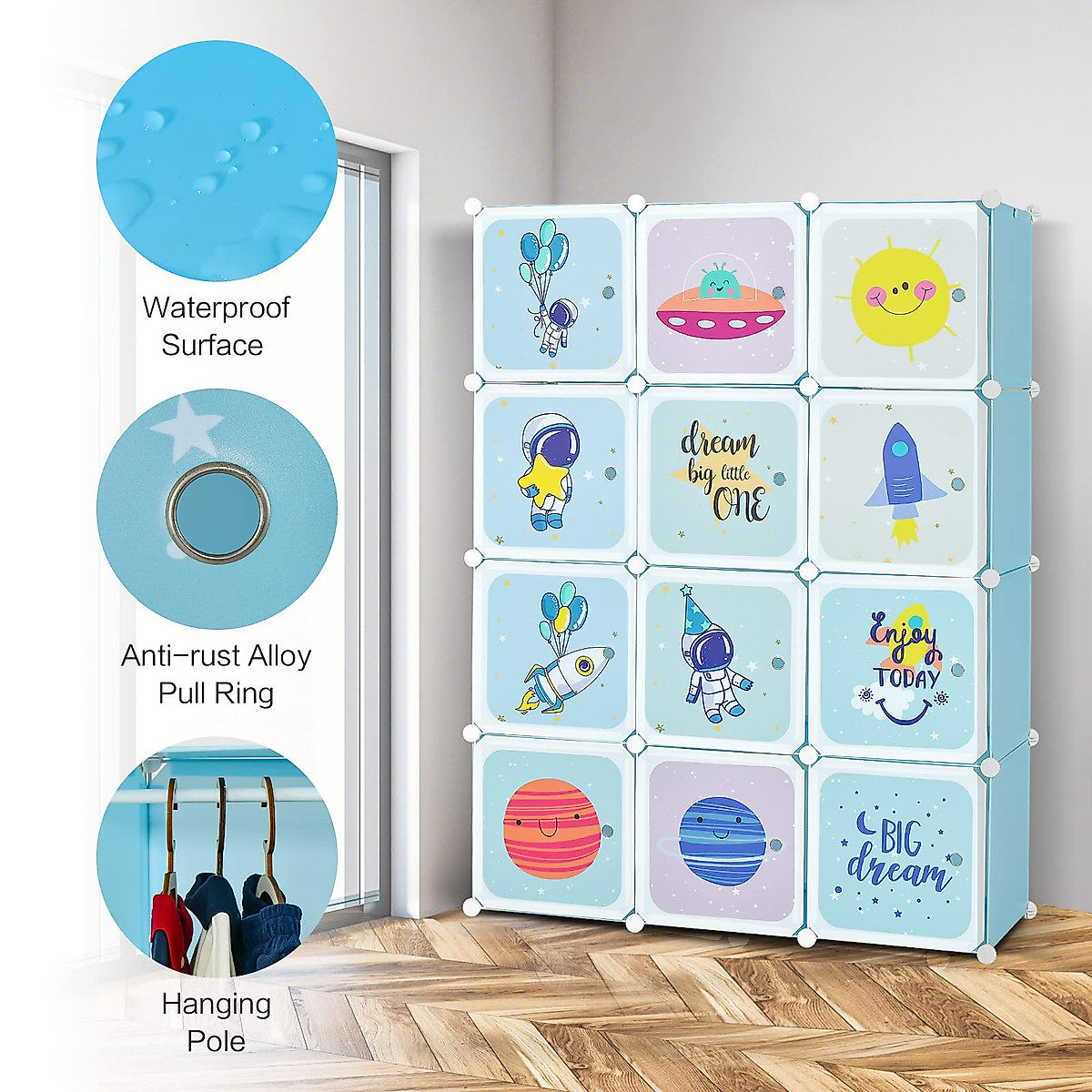 INFANS Children Wardrobe, Kid Closet Portable Baby Dresser Cute for Kids Bedroom Nursery Armoire with Doors 12 Cube 2 Hanging Sections, Kid Clothes Storage Organizer (Blue, 12 Cubes)