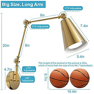 Tovmey Battery Operated Wall Sconce Big Size, Long Arm Wall Sconces Set of Two Battery Operated, Adjustable Angle Wireless Wall Sconce No Wiring, Dimmable Gold Wall Sconces Battery Operated for Room