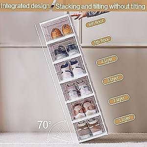 Kewheed Shoe Storage Box 6 PCS, Six-layer Foldable Shoe Boxes Clear Plastic Stackable, Shoe Organizer Containers with Lids, Fit up to US Size 12 for Men/Women, 13.9''x10''x7.7''(White 6PCS)