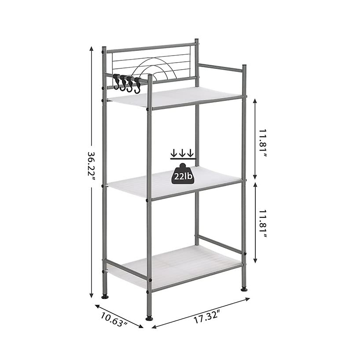 MallBoo 3-Tier Metal Freestanding Storage Shelf,Standing Bathroom Shelves with 3 x PP Shelf Liners and 4 x Hooks for Laundry Kitchen Office (Grey)