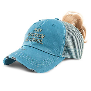 Speedy Pros Womens Ponytail Cap May Contain Alcohol Embroidery Cotton Distressed Trucker Hats Strap Closure Turquoise Design Only