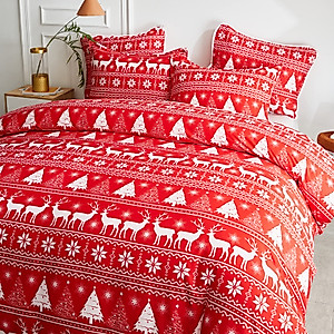 Flysheep Christmas Comforter Set 3 Pieces Twin Size 68x88 inches, Red White Snowflake and Deers Trees Reversible Design, Soft Microfiber Lightweight Bedding Sets for Kids