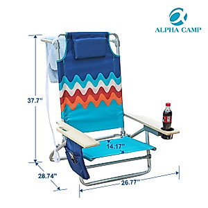ALPHA CAMP Beach Chair With Cooler Bag Oversized Heavy Duty Steel Frame Support 250 LBS Collapsible Padded Camping Folding Chair with Cup Holder Quad Lumbar Back Chair Portable for Outdoor/Indoor，Wave