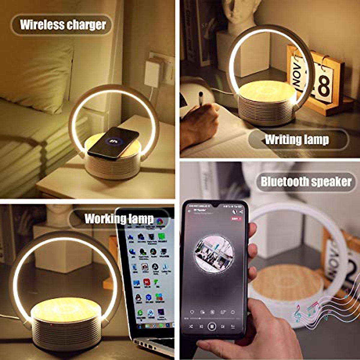 Bluetooth Speaker Wireless Charger with Desk Lamp Bedside Night Light Portable Small Mini Speaker, Led Reading Adjustable Dimmable Table Lamp for Home Office, Dorm, Kids, Students, Boys, Girls Gifts