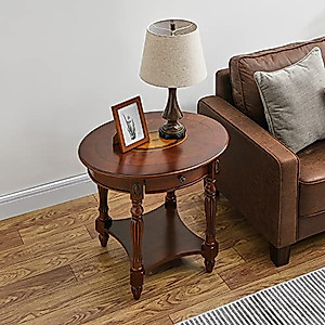 MODERION Solid Wood End Table with Drawer, Oval Sofa Side Table, Storage Shelf, Living Room Corner Table, Nightstand, 24”H Cherry Walnut CJZ1533WD-DR