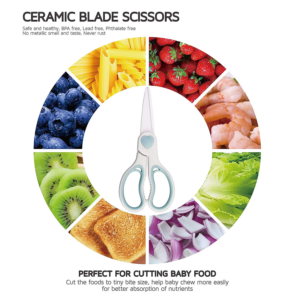 Ceramic Scissors for Baby Food by WELLSTAR, Safety Healthy BPA Free Portable Toddler Shears with Protective Blade Cover and Travel Case, 2 Pack