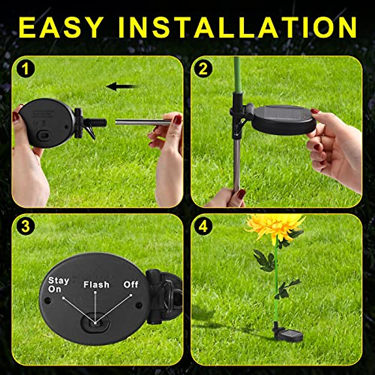 12 Pcs Solar Flower Lights Waterproof Garden Outdoor Chrysanthemum Lights Led Decorative Flowers Stake Light for Home Backyard Pathway Patio Yard Walkway Porch Fences Decorations, Yellow Red White