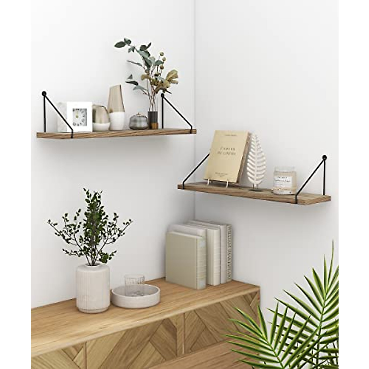 SUMGAR 24 Inch Floating Shelves Long Shelf for Wall Decor, Rustic Large Wood Wall Mounted Hanging Storage Shelves with Black Metal Brackets for Bathroom Kitchen, Set of 2