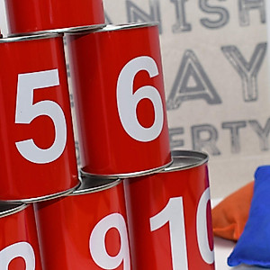 Garden Games Tin Can Alley - 10 Real Metal Tin Cans with Safe, Soft Throwing Bags