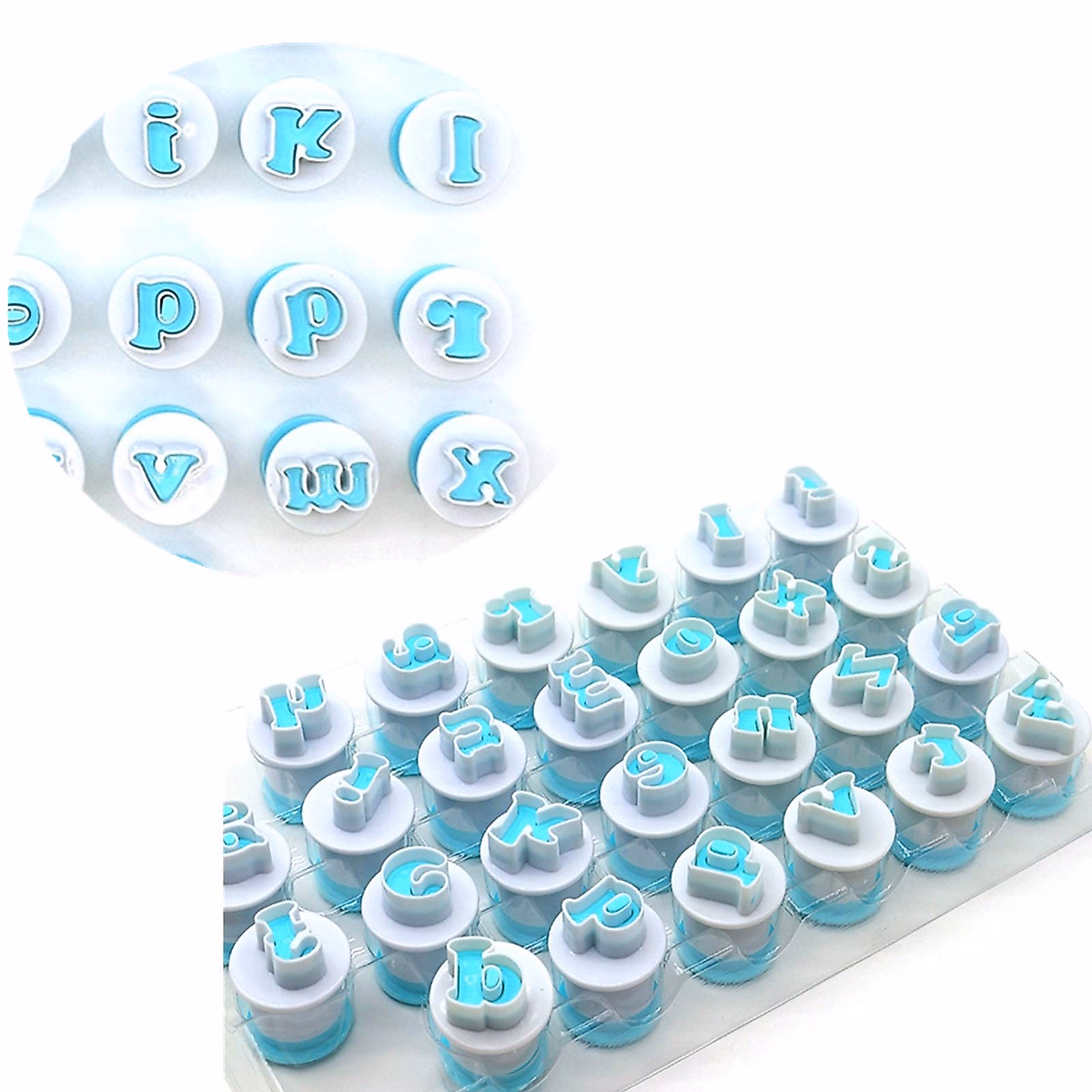 Small Letter Stamp Cookie Cutters Set of 26 pcs, Mini Lowercase Alphabet Spring Stamping Cutters Food Grade Plastic Direct Embossing Fondant Stamper Set for Cake Pastry Baking DIY (White & Blue)
