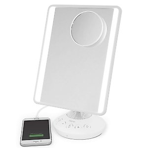iHome 7" x 9" Reflect iCVBT22W Adjustable Vanity Mirror with Bonus 10X Mirror, Bluetooth Audio, Hands-Free Speakerphone, LED Lighting, Siri & Google Support USB Charging, (White, 7" x 9")