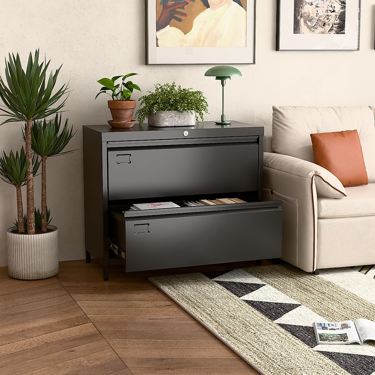 GangMei Metal Lateral File Cabinet with 2 Drawers, Wide Lateral Filing Cabinet with Lock for Hanging Files Letter/Legal/F4/A4 Size for Home Office School, Black, Assembly Required