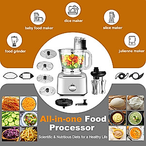 Homtone 16 Cup Food Processor, Aluminum-Diecast Food Processors, 5 Preset Modes Vegetable Chopper Electric, 8 Blades 11 Functions for Home Use, Stepless Speed Control, 650W, Sliver