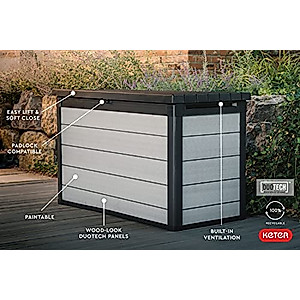 Keter Denali 200 Gallon Resin Large Deck Box-Organization and Storage for Patio Furniture, Outdoor Cushions, Garden Tools and Pool Toys, Grey & Black