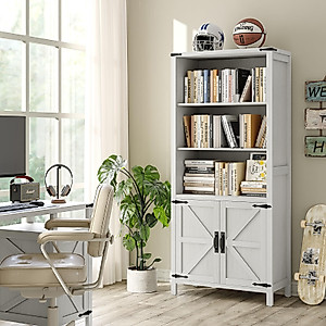 Furnihold Farmhouse Bookcase and Bookshelf with Doors, 5-Shelf Bookcase Adjustable Bookshelf, Wood Bookcase Tall Storage Cabinet for Bedroom, Office Room, Living Room, Off White