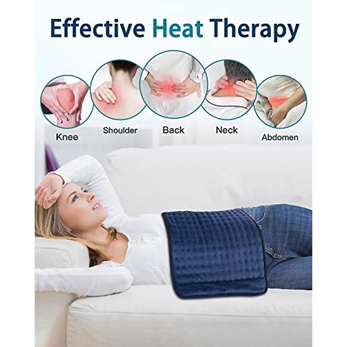 Zostuic Heating Pad for Back Pain and Cramp Relief, 11" x 26" Ultra Soft Large Washable Moist & Dry Heat Therapy Electric Heat Pads for Neck and Shoulders with 6 Heat Settings 3 Timer Settings(Blue)