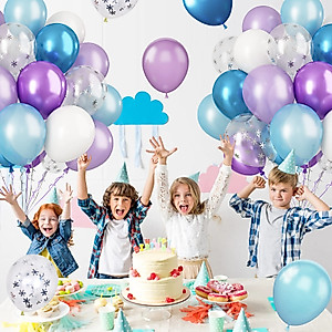 Paready Frozen Balloons, 60 Pcs 12 Inch Purple Blue Balloons White and Snow Confetti Latex Balloons for Girls Frozen Theme Party Supplies Ice Snow Theme Birthday Baby Shower Winter Party Decorations