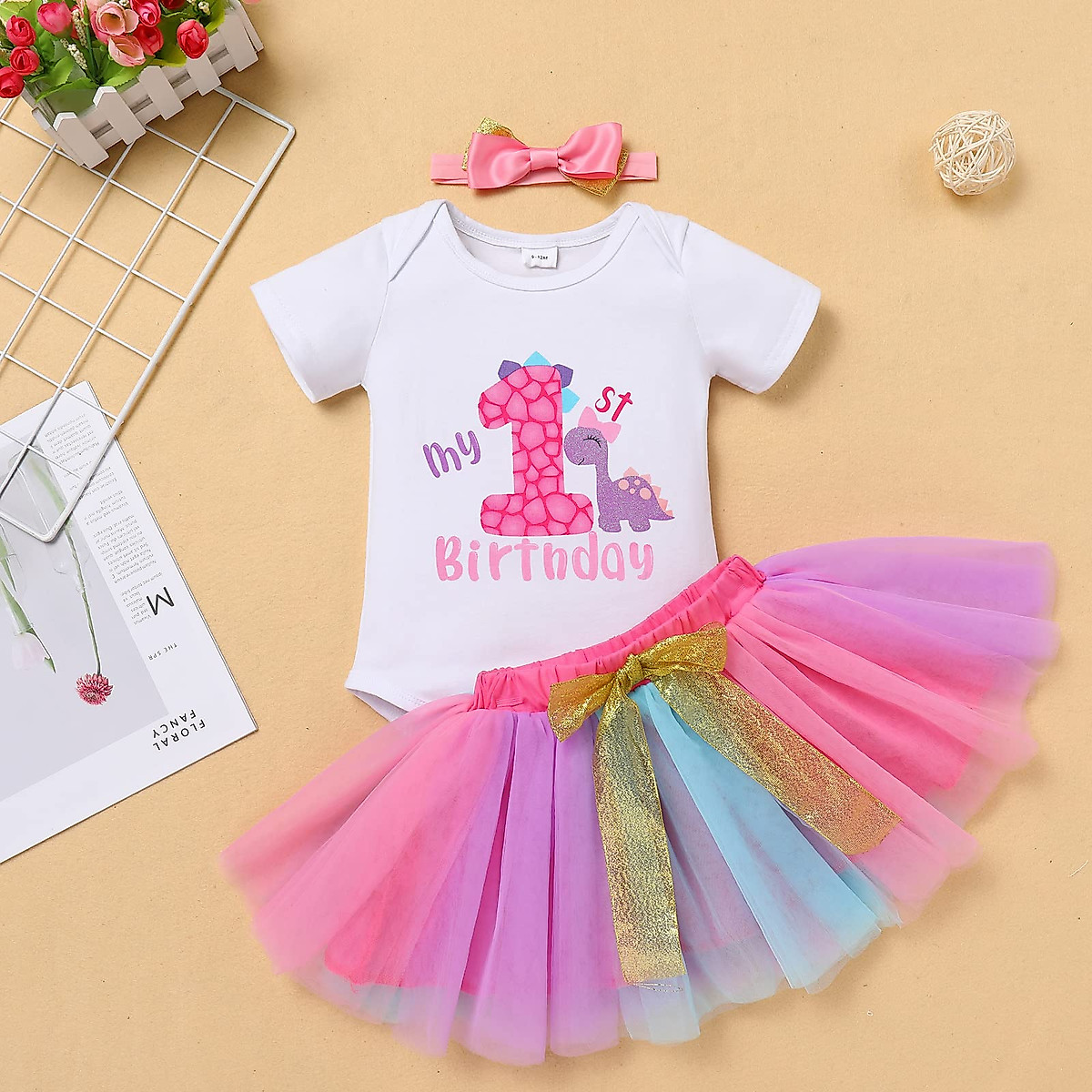 Pink Dinosaur Party Supplies 1ST Birthday Boho Rainbow Tutu Outfit for Baby Girl Wild One Year Old Party Cake Smash Photo Shooting Props Spring Easter Dress Headband Clothes Set Rose Gold 12 Months
