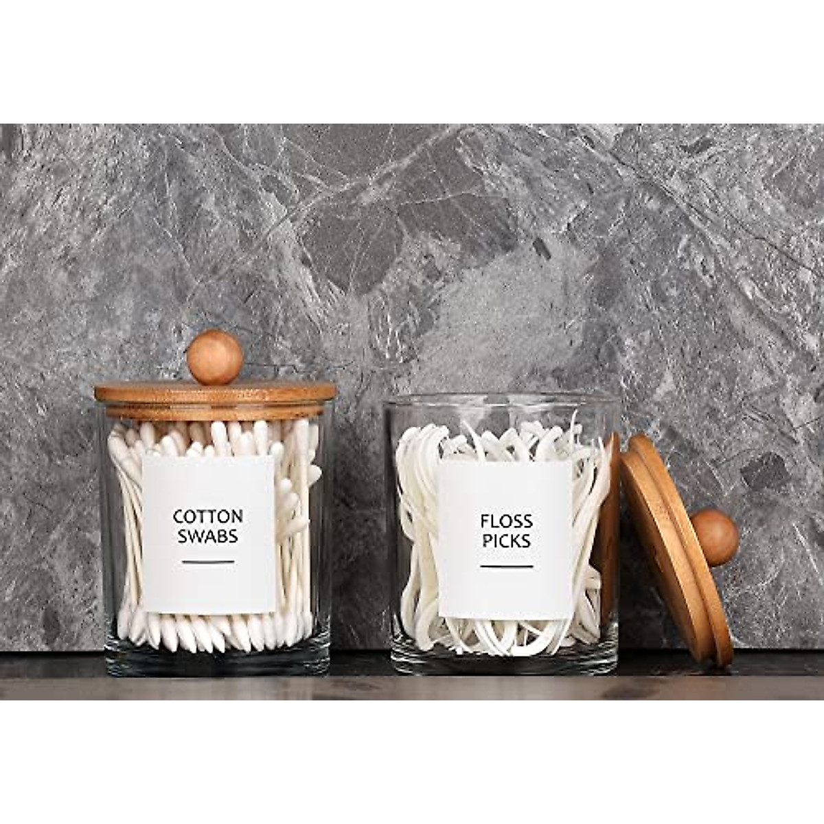 Onsogi Glass Apothecary Jars with Bamboo Lids for Bathroom Organization, Q tip Holder and Cotton Ball Holder are Great for Farmhouse Bathroom Decor, Rustic Bathroom Decor-2 Pack