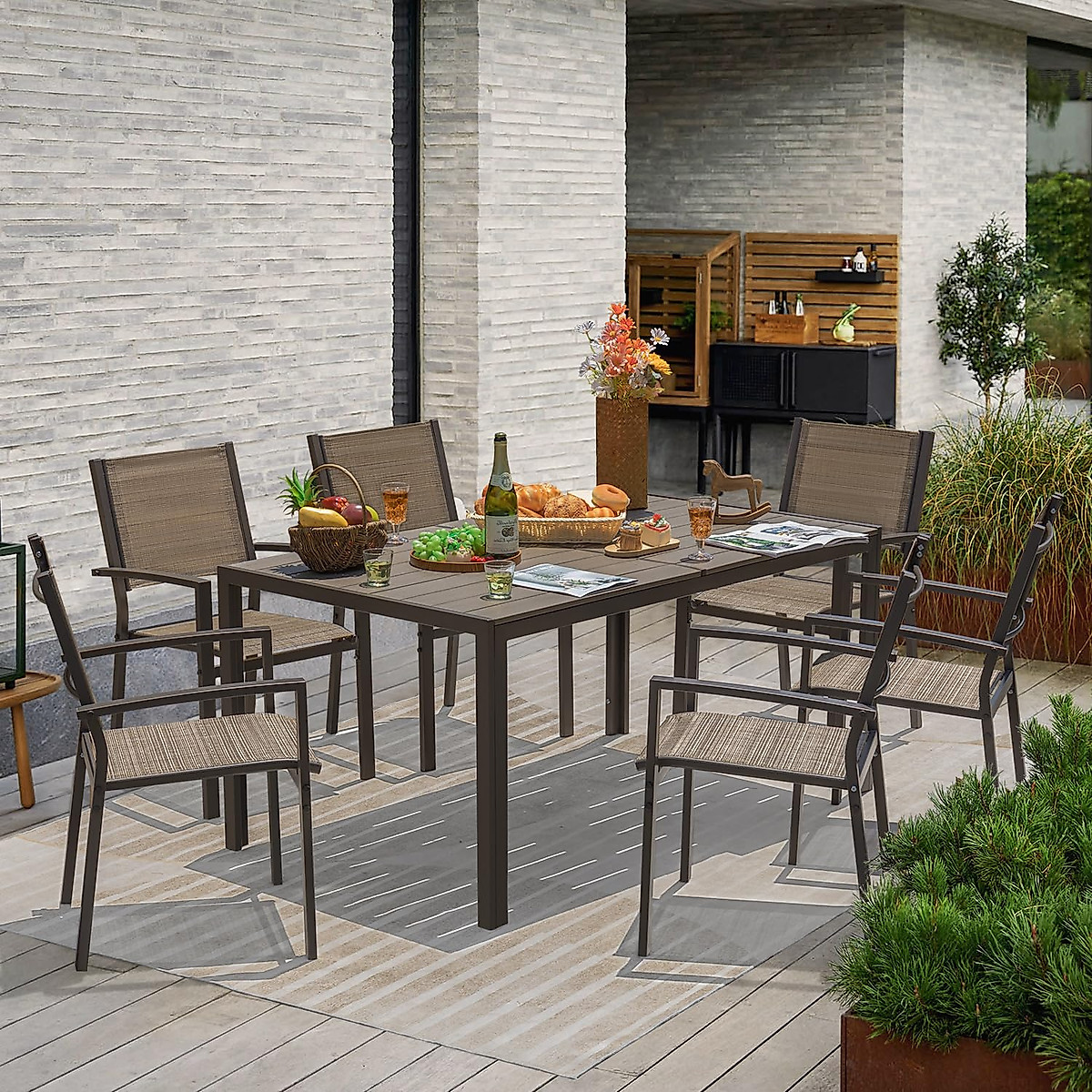 Greesum Outdoor Dining Set 7 Piece Patio Furniture with Rectangular Table and 6 Stackable Chairs Family Conversation for Garden Backyard Deck, Brown