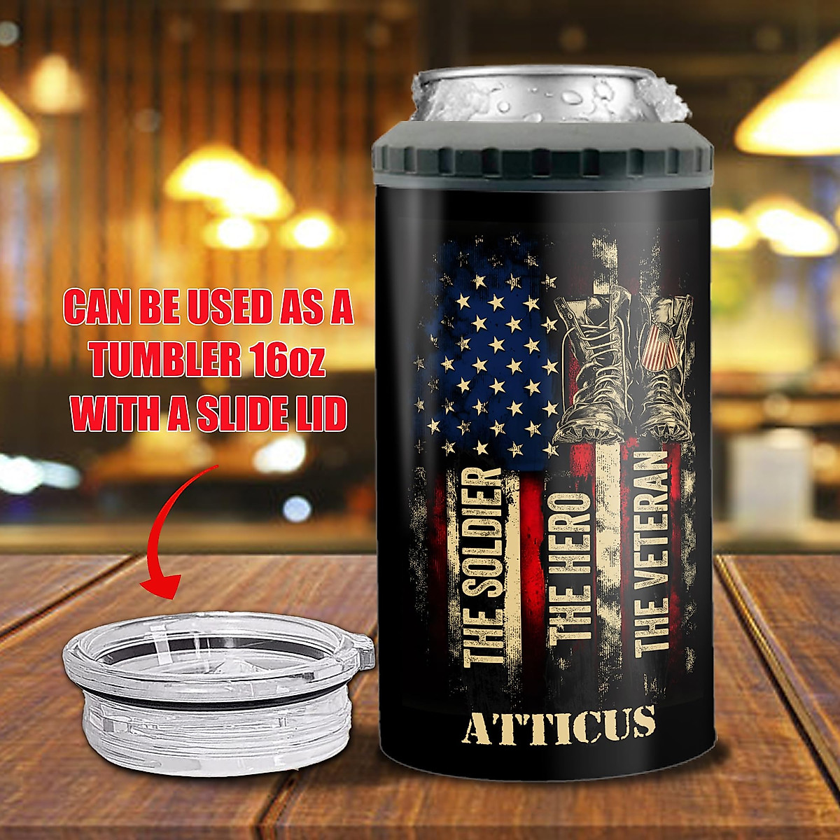 Personalized Veteran Can Cooler 4 in 1 Holder Cup with Lids Customized Name 16oz Beer Drinking Gifts for Men Navy Army Air Force Marine Corps Military Retirement Veterans Day