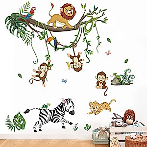 wondever Jungle Animals Wall Stickers Monkey Lion Safari Peel and Stick Wall Art Decals for Kids Bedroom Baby Nursery Living Room