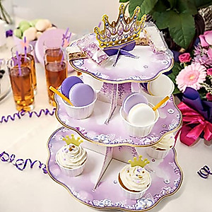 Purple Cupcake Stand for Girls Birthday Party Decorations Lavender Floral Crown Theme Coming of Age Quinceanera Party Cake Serving Tray Princess Wedding Bridal Baby Shower Party Supplies