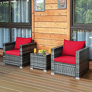 SAWQF 3 PC Patio Rattan Furniture Bistro Set Cushioned Sofa Chair Table Red