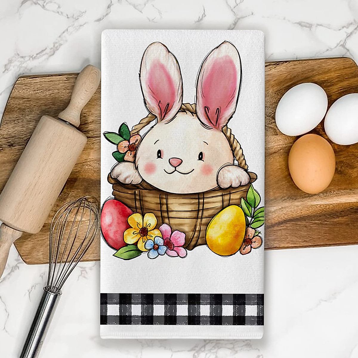 Seliem Easter Bunny Rabbit Kitchen Dish Towel Set of 2, Cute Eggs Flowers Hand Towel Black White Buffalo Plaid Check Drying Baking Cooking Cloth, Funny Spring Holiday Kitchen Decor 18x26 Inches