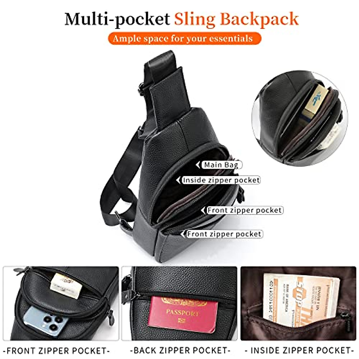 NIUCUNZH Sling Bag Crossbody Bags Shoulder Small Sling Backpack - Genuine Leather, Lightweight & Compact for Travel Everyday