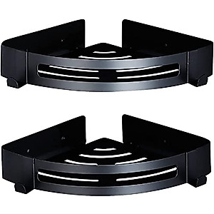 QCSJXX Triangle Shower Corner Caddy Bathroom Shower Corner Shelf with Two Hooks, Self Adhesive with Glue or Wall Mount with Screws,Aluminum 2 Tier Storage Shelves Triangle Baskets,Black Finish