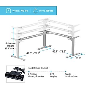 Progressive Automations Standing Desk Corner Frame. Adjustable Height and Width Legs with Triple Electric Motors for Home Office L Shaped Desk FLT-05 White