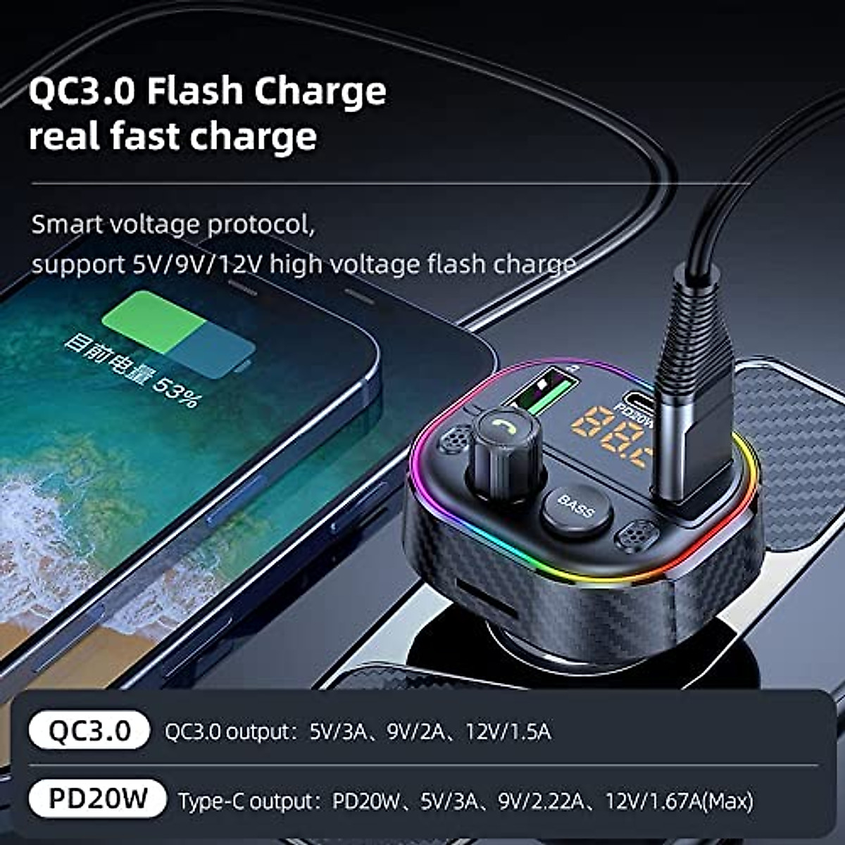 Bluetooth 5.1 FM Transmitter for Car, Bluetooth Car Adapter with PD20W+QC3.0 Car Radio Music Adapter, Supports Handsfree Call Siri Google Assistant, SD Card/U Disk, 7 Color LED Backlit, LED Voltmeter