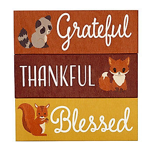 Fall Decorating Grateful Thankful Blessed Wood Block Signs – 3-Piece Fall Decor Set, Thanksgiving & Friendsgiving Decorations, Autumn Tiered Tray Accents