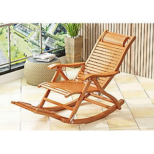 Foldable Recliner,Bamboo Lounge Chair,Foldable Rocking Chair,Garden Deck Chairs for Elderly,Outdoor Rocking Chair,Garden Chair,with Headrest Pillow and Foot Massage Board(Blue Purple)