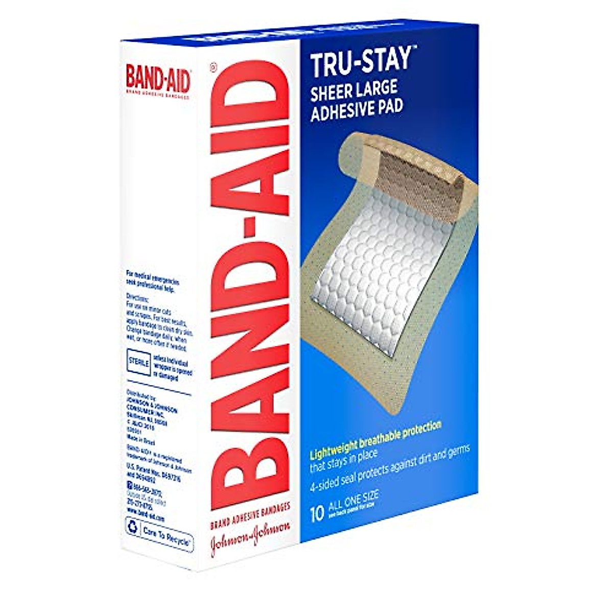 Band-Aid Brand Tru-Stay Adhesive Pads, Large Sterile Bandages for Wound Care, Large Size, 10 ct