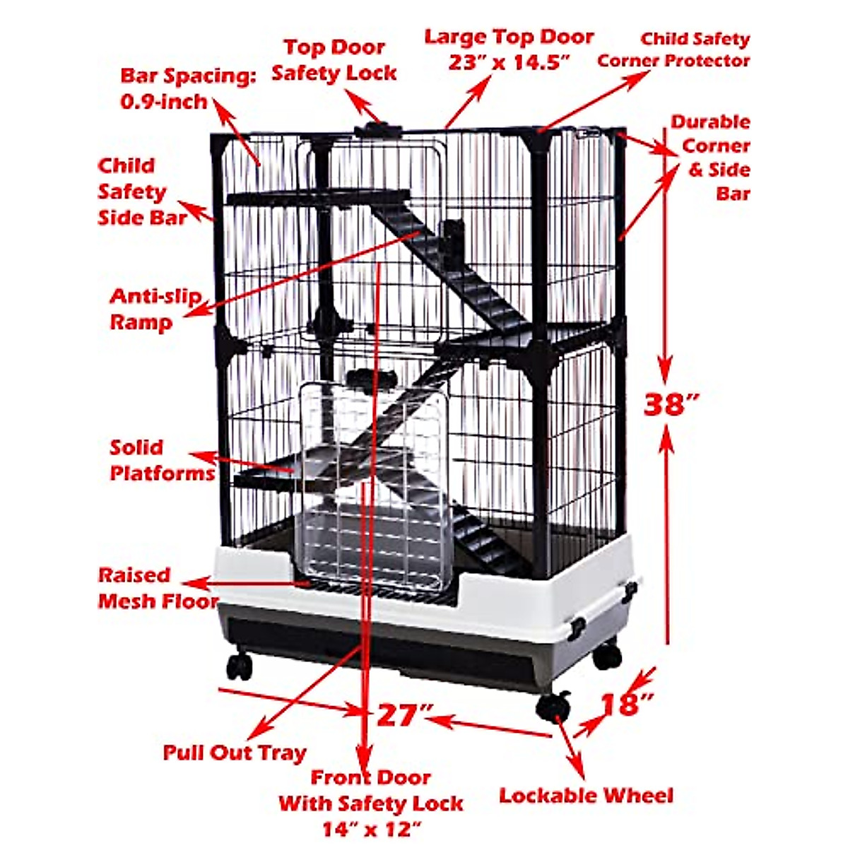 Large Multi-Level Indoor Outdoor Small Animal Cage for Guinea Pig Ferret Chinchilla Cat Playpen Rabbit Hutch with Solid Platform & Ramp Leakproof Litter Tray Large Access Doors (Black, 4-Level)
