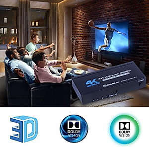 4K HDMI Switch 4x1, 4K@60Hz 4 in 1 Out HDMI Switcher Selector with IR Remote Control, Supports HDCP 2.2 4K@60Hz UltraHD HDR10 3D HD1080P Dolby DST, HDMI Splitter for PS4 Xbox Apple TV Fire Stick