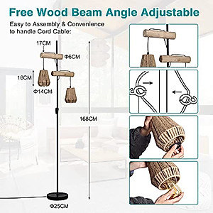 Boho Floor Lamp 2-Lights Floor Lamp with Rattan Lampshades,Farmhouse Floor Lamps indenpendant Control Switch,Rustic Tall Standing lamp 68 Inch,Unique Floor Lamps for Living Room Bedroom Office