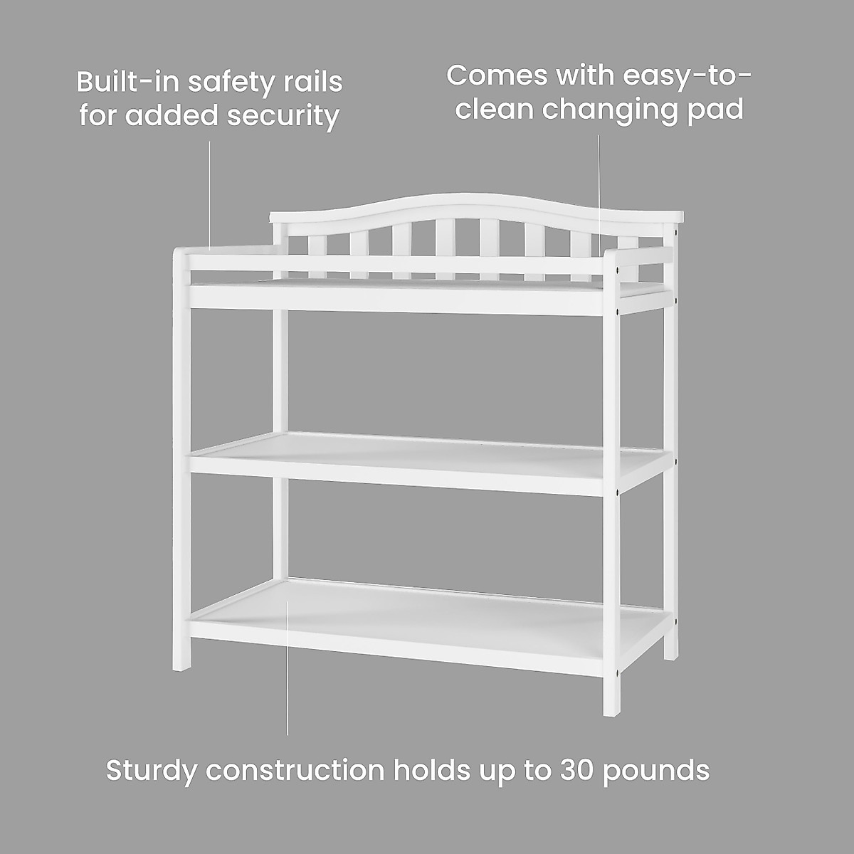 Child Craft Arch Top Infant Changing Table, Water-Resistant Pad and Safety Strap, Anti-Tip Kit Included to Prevent Tipping, Non-Toxic, Baby Safe Finish (Matte White)