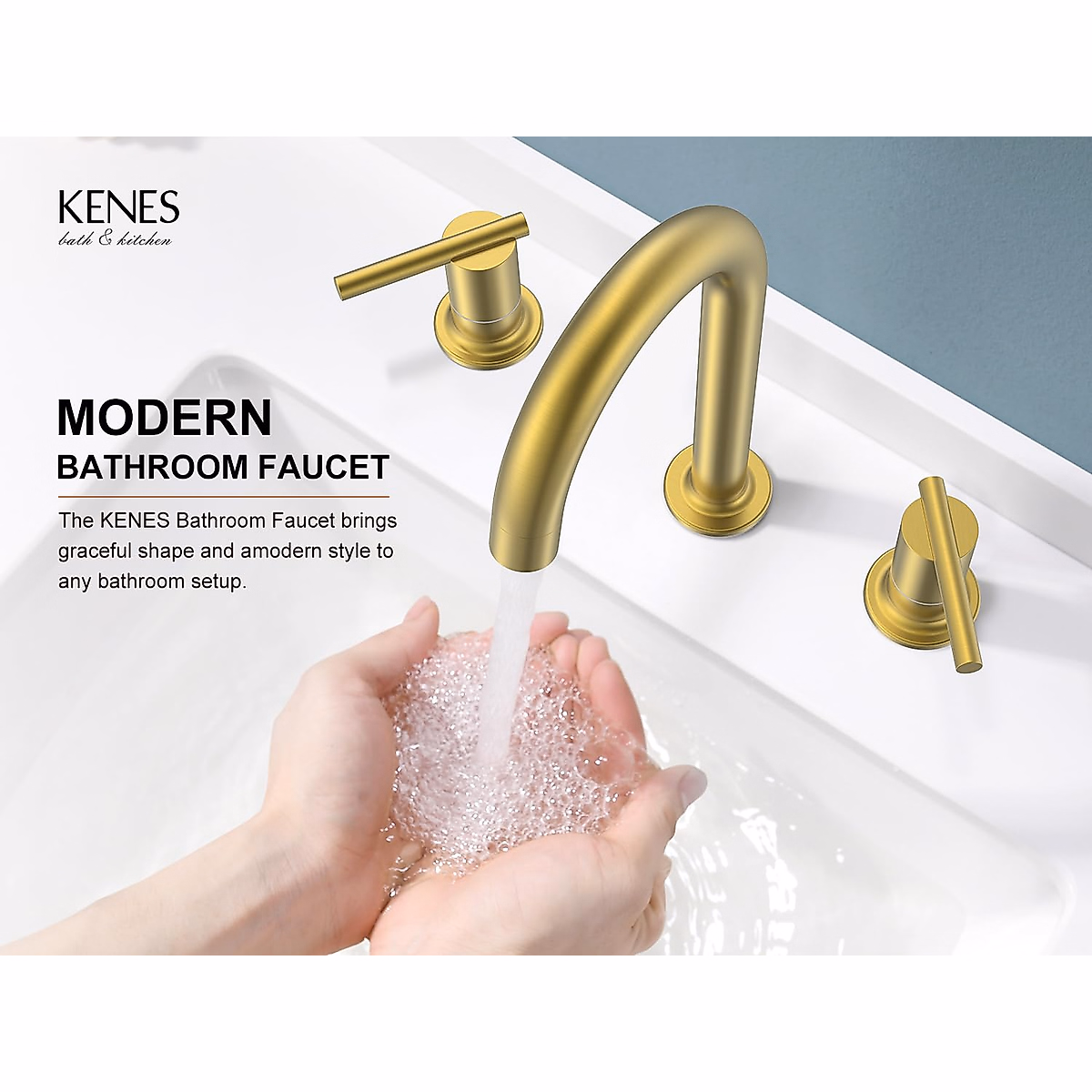 KENES Brushed Gold Two Handle 8 Inch Widespread Bathroom Sink Faucet, Gold High Arc Lavatory Vanity Sink Faucet 3 Hole with Pop Up Drain & Water Supply Hoses LJ-9018-4