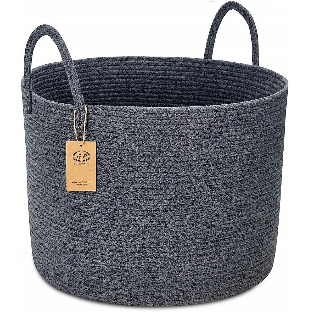 XXL Cotton Rope Basket, 20'' x 15" Woven Laundry Basket with Long Handles, Baby Kids Dogs Toy Bins Storage, Decorative Blanket Baskets in Living Room (Full Dark Gray)