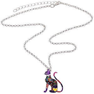 BONSNY Statement Enamel Alloy Chain Cat Necklaces Pendant Original Design Women Jewelry Gift Charms (Purple)