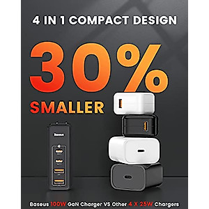 Baseus USB C Charger, 100W Charger 4-Port, 100W Wall Charger Fast Charging Station, GaN II Charging Block, for iPhone 14 Pro/SE/XR, Samsung, MacBook Pro/Air, iPad, Laptops, AirPods, Steam Deck, Black