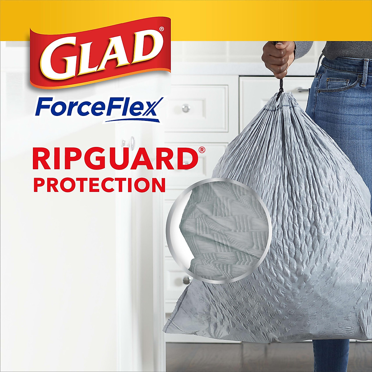 GLAD ForceFlex Tall Kitchen Drawstring Trash Bags, 13 Gallon Grey Trash Bag for Kitchen Trash Can, Odor Shield, Odor Eliminator and Leak Protection, 110 Count