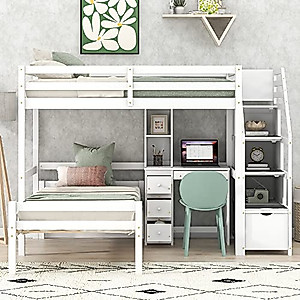 ODC Twin Over Twin Bunk Bed with Desk,Multifunctional Twin Size Loft Bed with a Platform Twin Bed and Storage Staircase, Solid Wood Loft Bed Frame with Shelves/Drawers for Kids Teens Adults