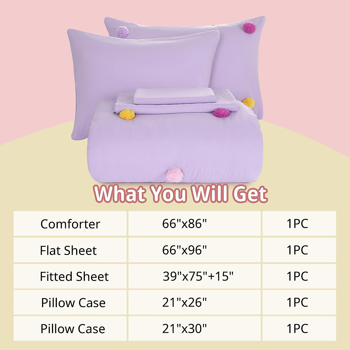 HOMBYS Pom Poms Bedding Comforter Set for Girls, 5 Piece Purple Boho Kids Comforter Set for All Season，Twin/Twin XL Size