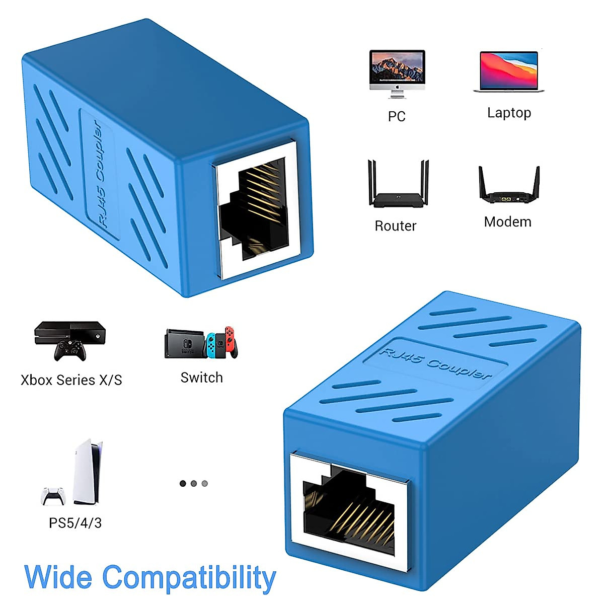 UVOOI Ethernet Coupler Female to Female 2-Pack, 1000Mbps RJ45 Inline Coupler Connector Ethernet Extender Adapter for Cat8, Cat7, Cat6, Cat5 Ethernet Cable