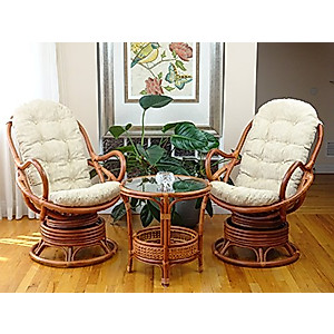 Lounge Swivel Rocking Java Chair Natural Handmade Rattan Wicker with Cream Cushion, Cognac